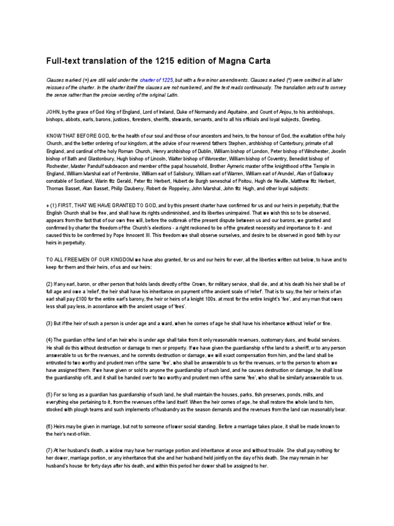Full-Text Translation of The 1215 Edition of Magna Carta | Download ...