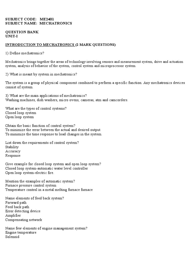 Me2401 Mechatronics - 2 Marks With Answer | PDF | Programmable Logic Controller | Control System