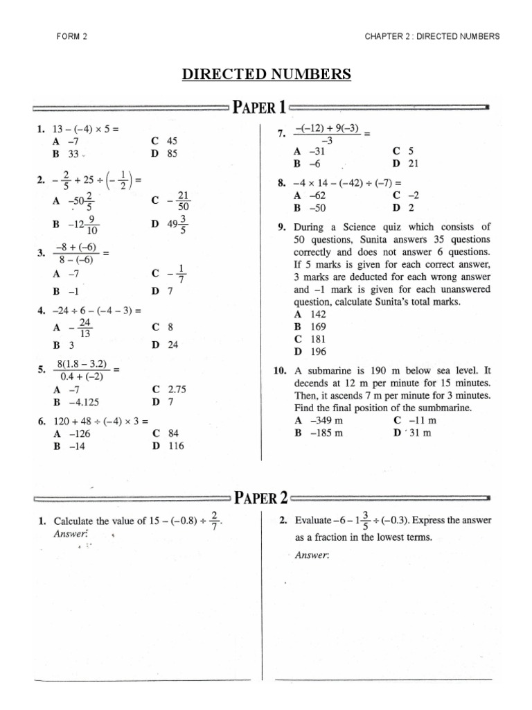 Directed Numbers - Form 2, Chapter 2 | PDF