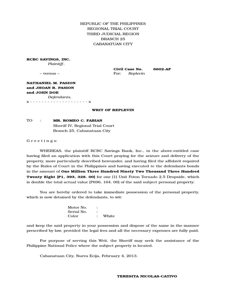 Writ of Replevin | PDF | Courts | Lawsuit