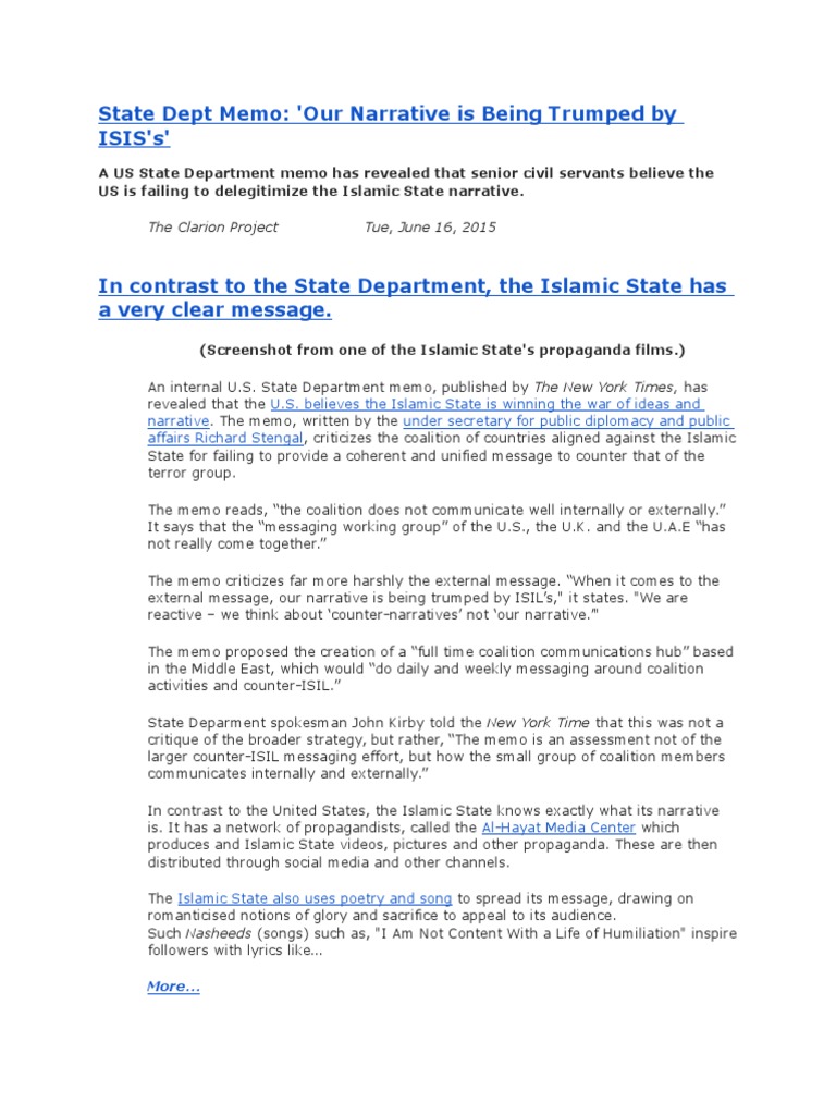 State Dept Memo: 'Our Narrative Is Being Trumped by ISIS's' | PDF ...
