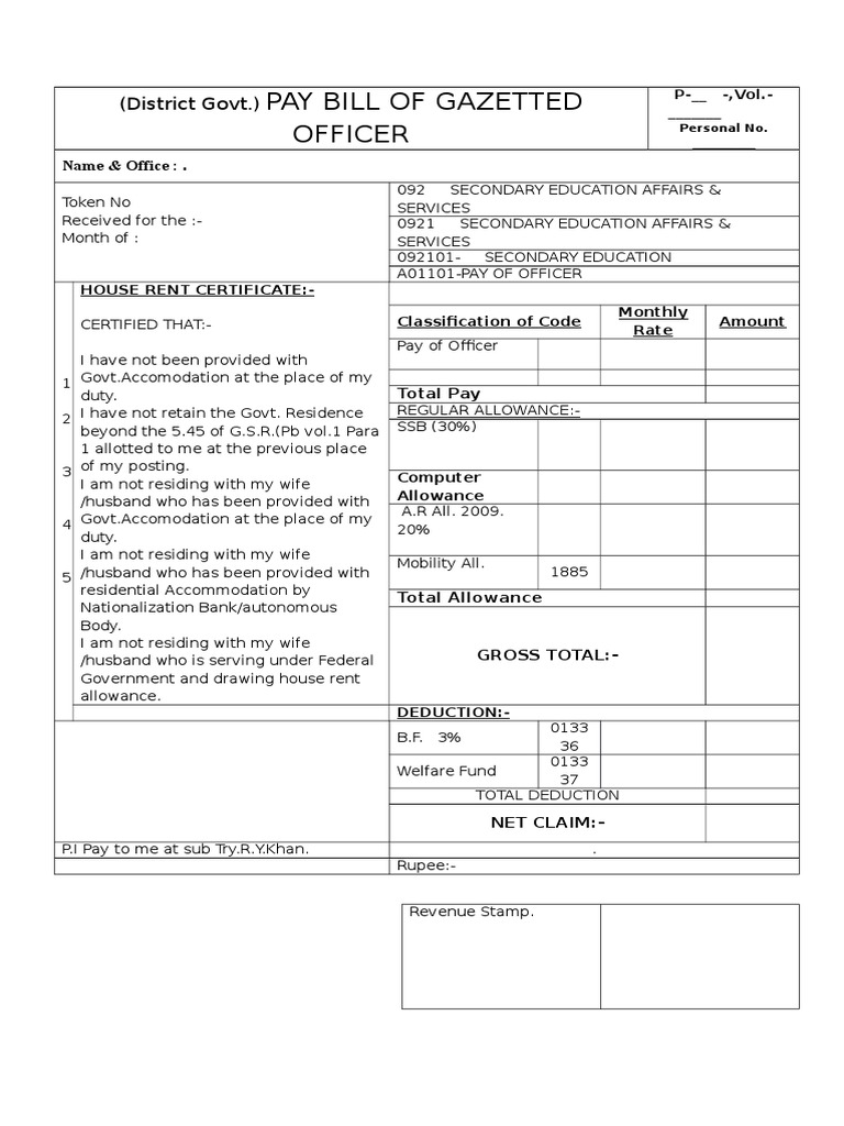 Gazetted Officer Pay Bill Form Punjab | PDF | Finance & Money Management