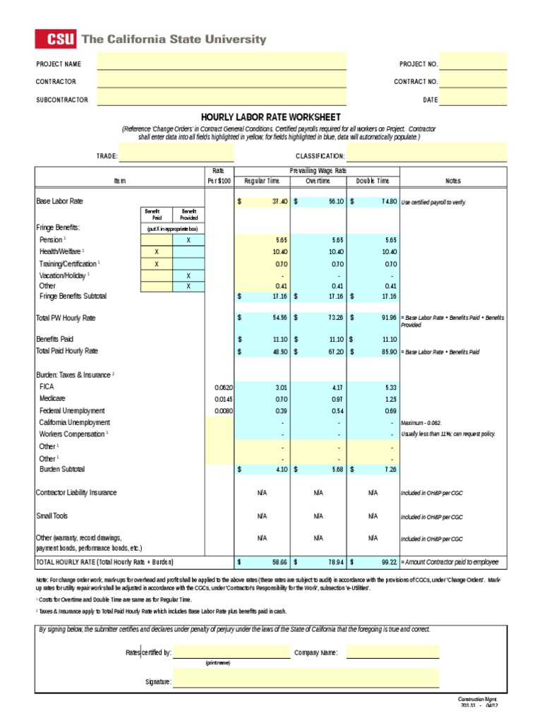 Co Hourly Labor Rate Worksheet | Employee Benefits | Welfare