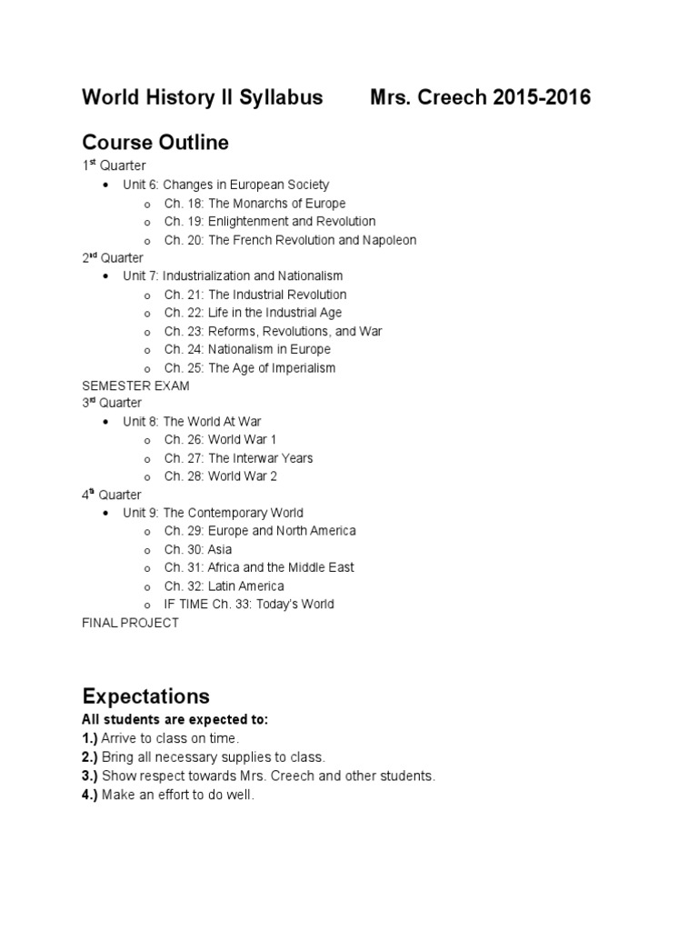 World History 2 Syllabus | PDF | Homework | Students