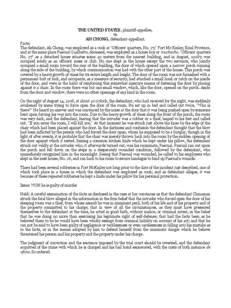 US vs. Ah Chong (15 Phil 499) (Case Digest) | PDF | Recklessness (Law ...
