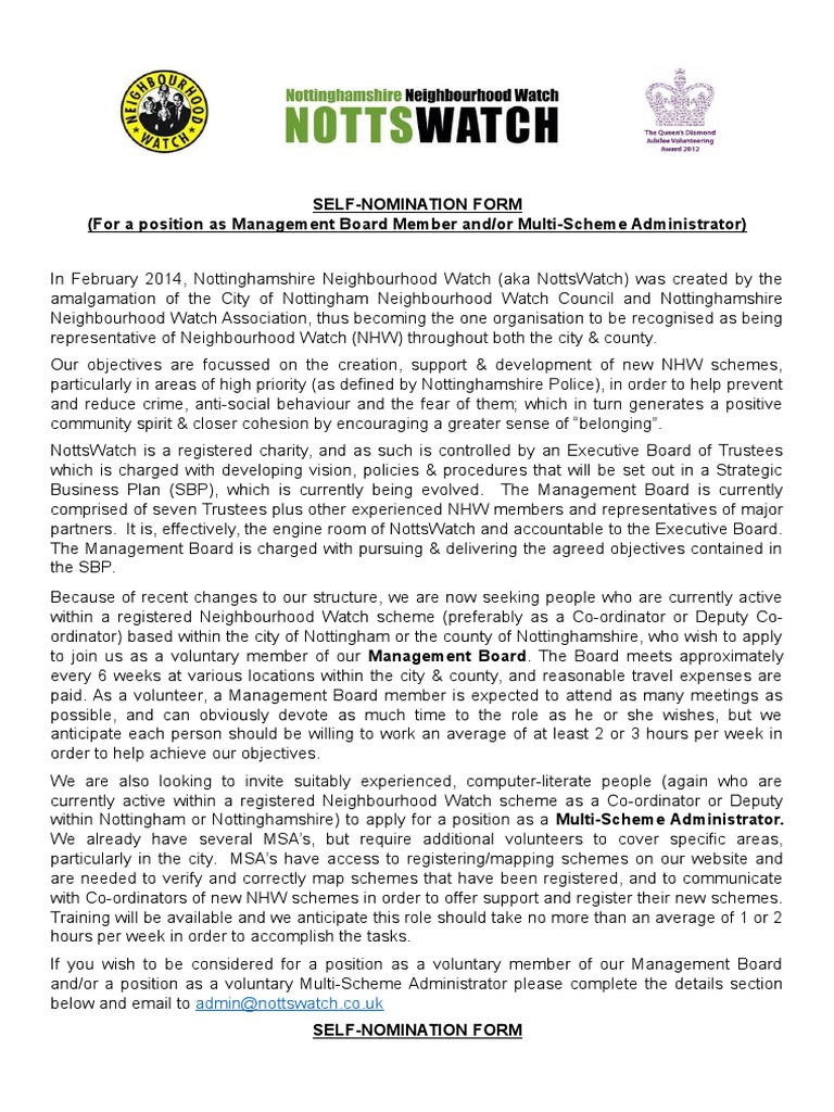 NottsWatch Self - Nomination Form | PDF | Board Of Directors | Government