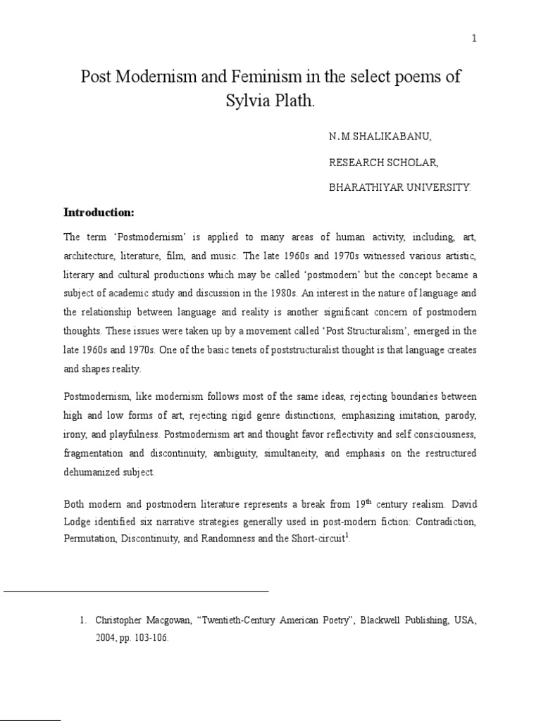 Post Modernism and Feminism in The Select Poems Sylvia Plath | PDF ...