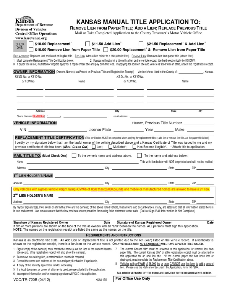 Kansas Kansas Manual Title Application To:: R L P T A L R P T | PDF ...