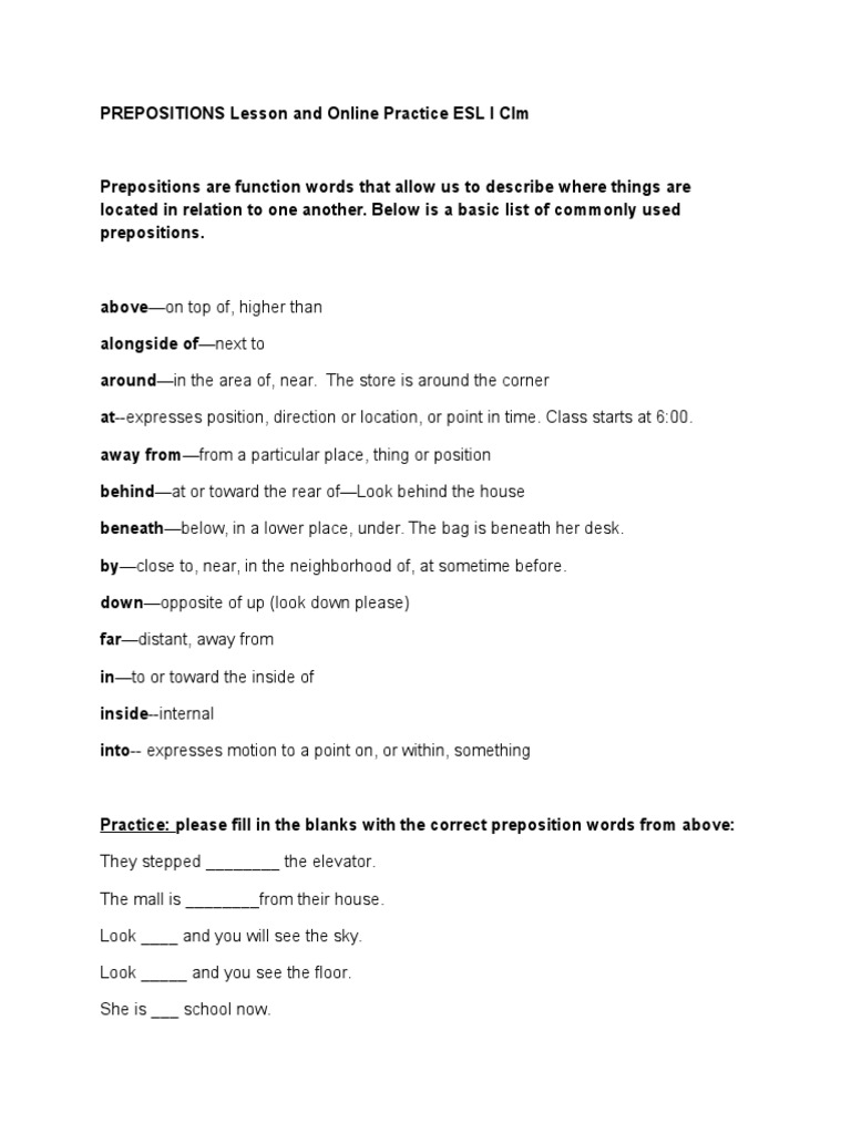 Prepositions Lesson and Practice for ESL | PDF