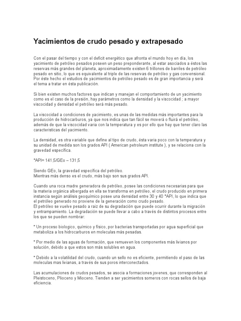 Yacimientos de Crudo Pesado y Extrapesado | PDF | Petróleo | Química