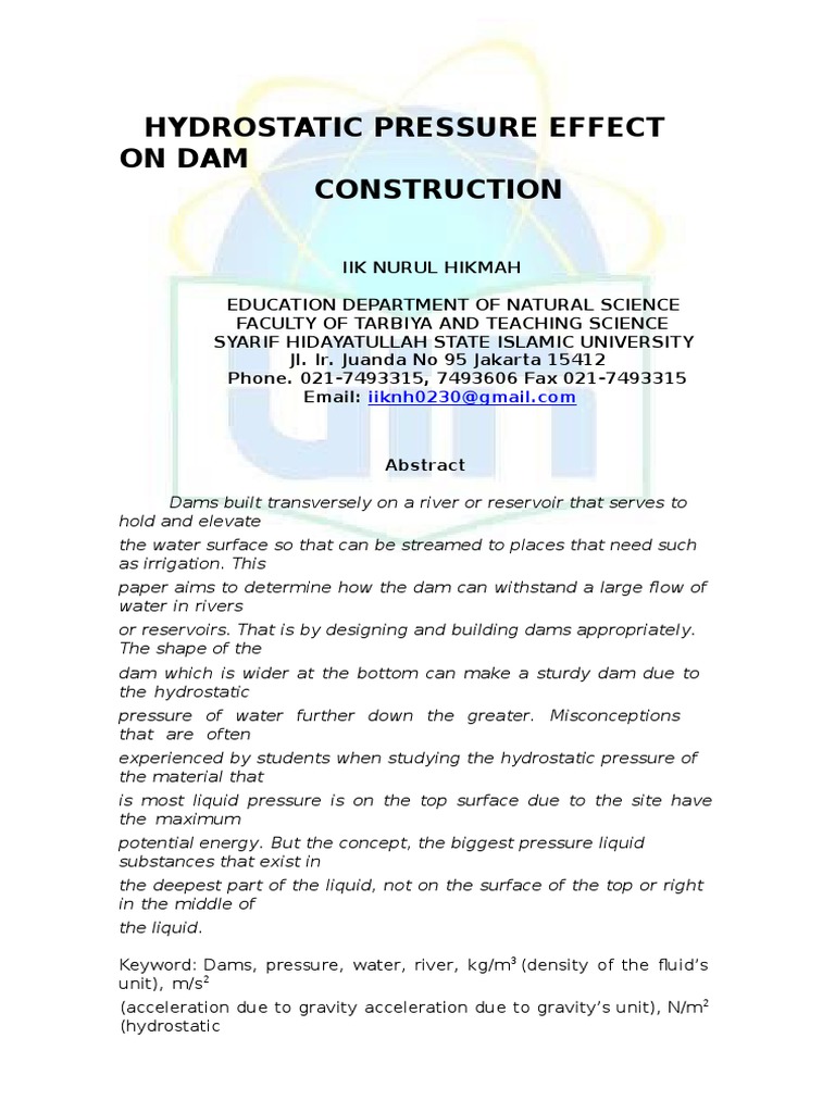 Hydrostatic Pressure Effect On Dam Construction Pdf Pressure Dam