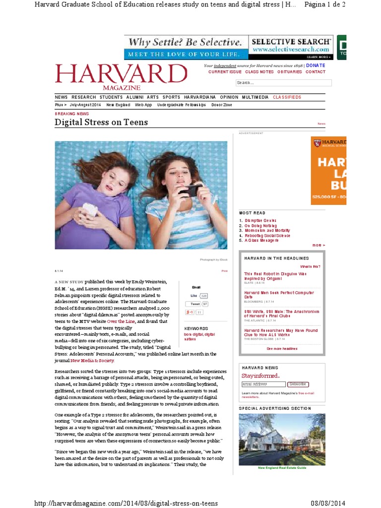 Digital Stress On Teens | PDF | Adolescence | Harvard University
