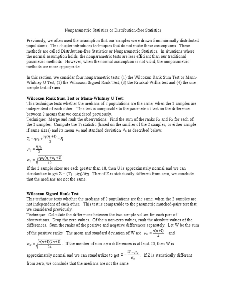 Wilcoxon Rank Sum Test or Mann-Whitney U Test:: NN T NN R NN NNN N ...