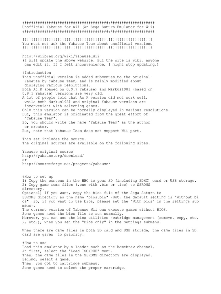 Unofficial Yabause Wii Emulator Guide | PDF | Bios | Video Game Platforms