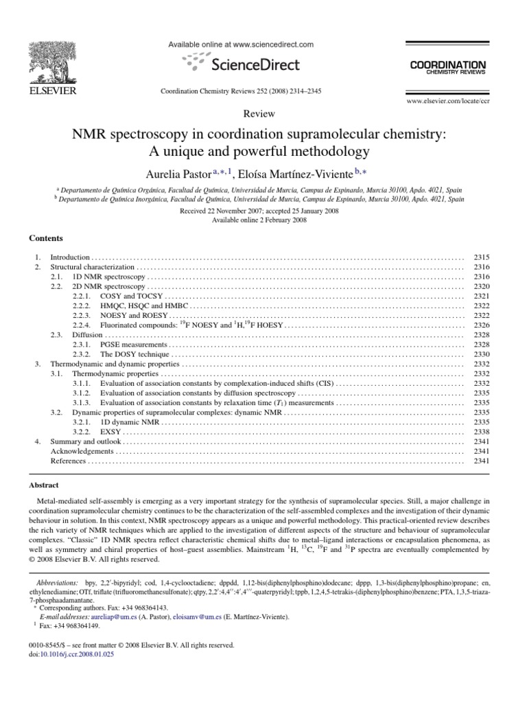 NMR Spectroscopy in Coordination Supramolecular | PDF | Two Dimensional Nuclear Magnetic ...