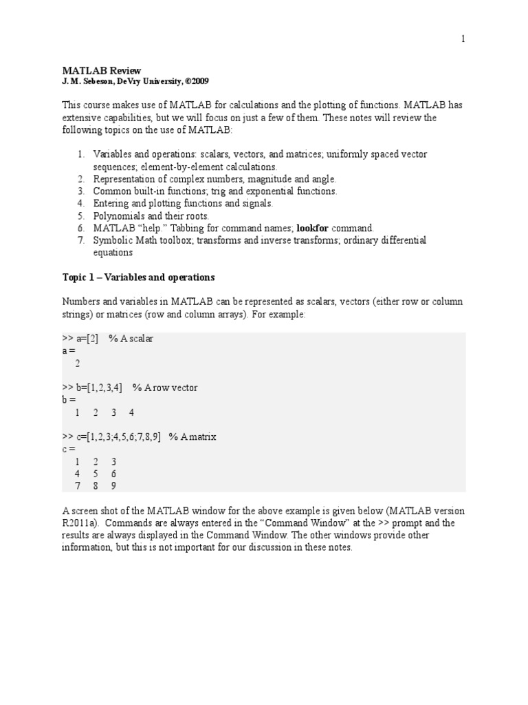 Matlab Review | PDF | Complex Number | Polynomial