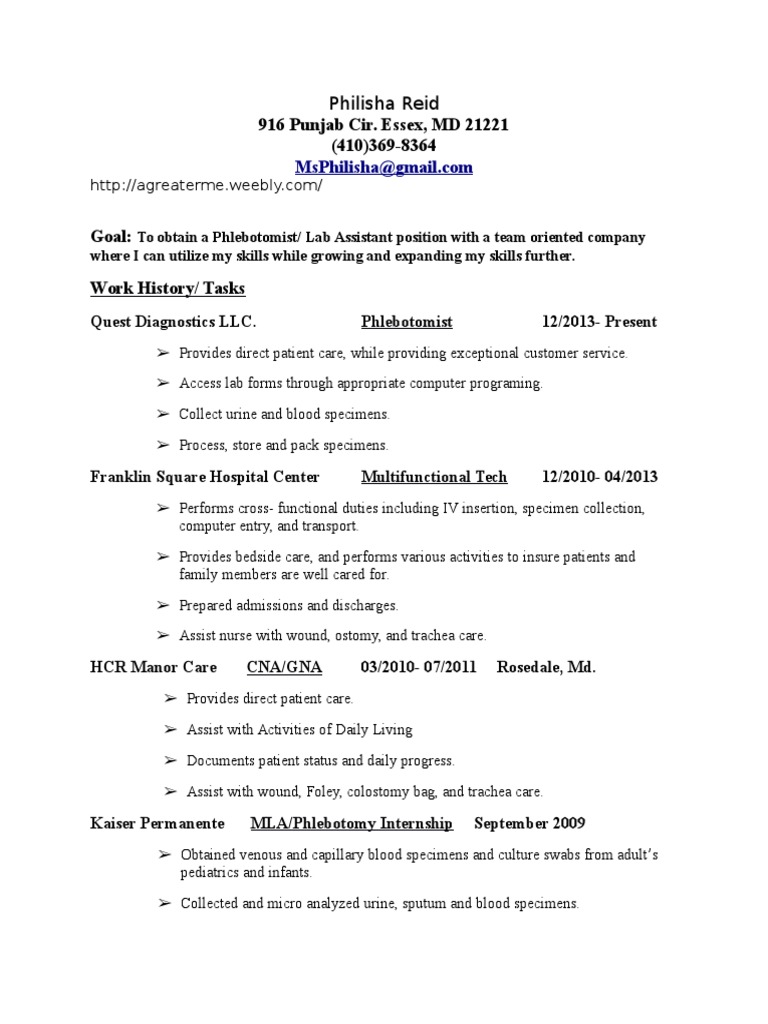 Phlebotomist Resume of Philisha Reid | PDF | Health Sciences | Medicine