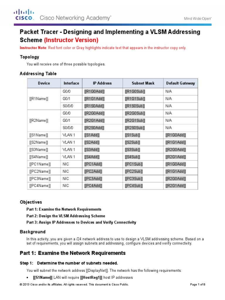 9.2.1.5 Packet Tracer - Designing and Implementing A VLSM Addressing Scheme Instruct IG | PDF ...