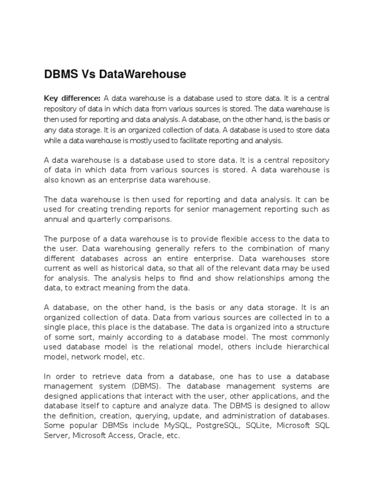 DBMS Vs DataWarehouse | PDF | Data Warehouse | Databases