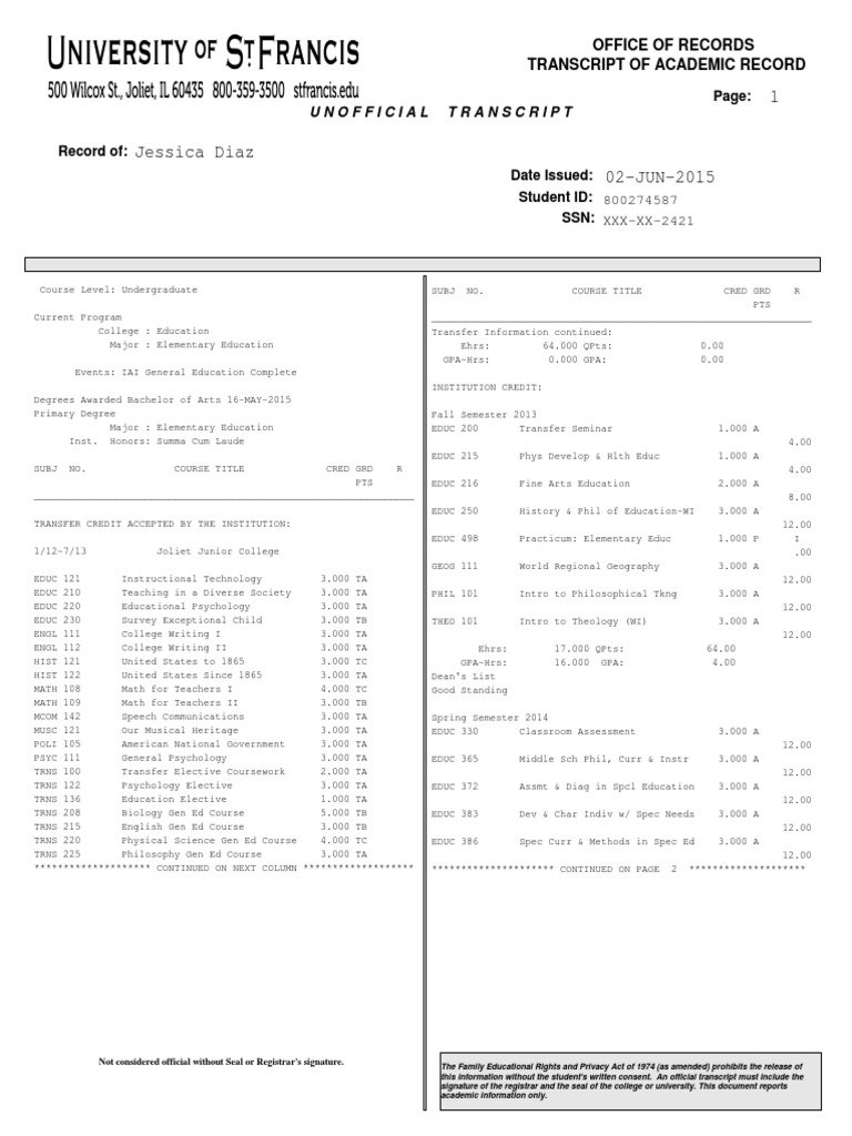 Usf Transcript | PDF | Academia | Teaching And Learning