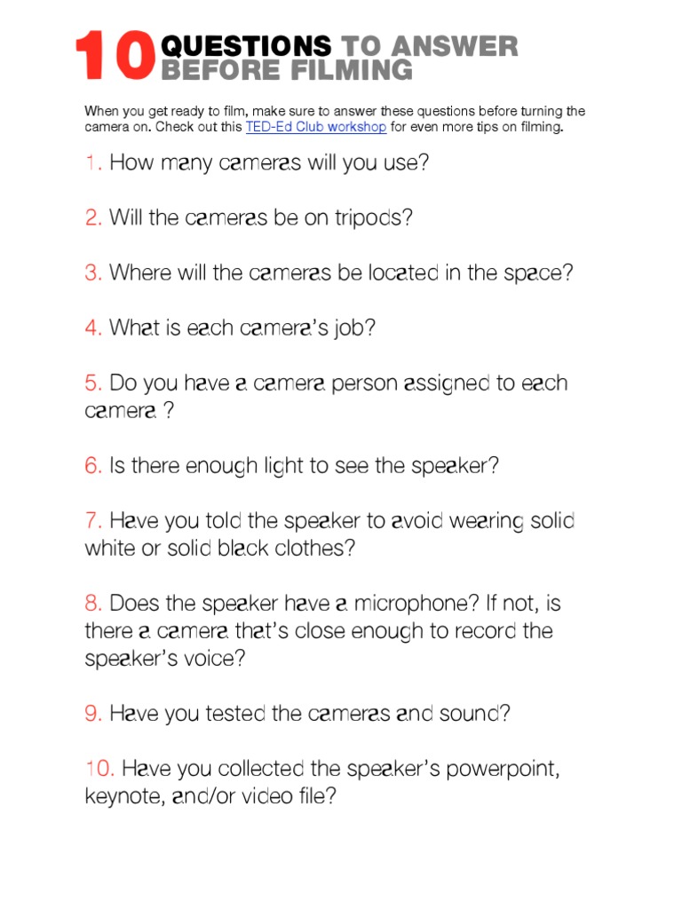 Questions: To Answer Before Filming | PDF