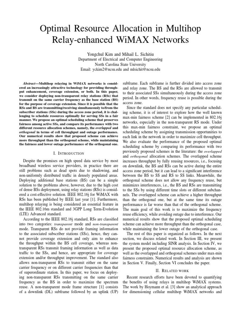 Optimal Resource Allocation in MultihopwcncOptimal Relay-Enhanced WiMAX Networks | PDF ...