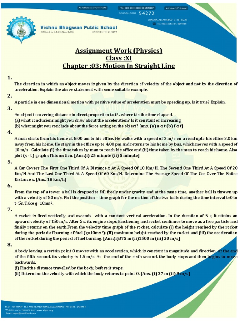 Assignment Work (Physics) Class:XI Chapter:03: Motion in Straight Line | Download Free PDF ...