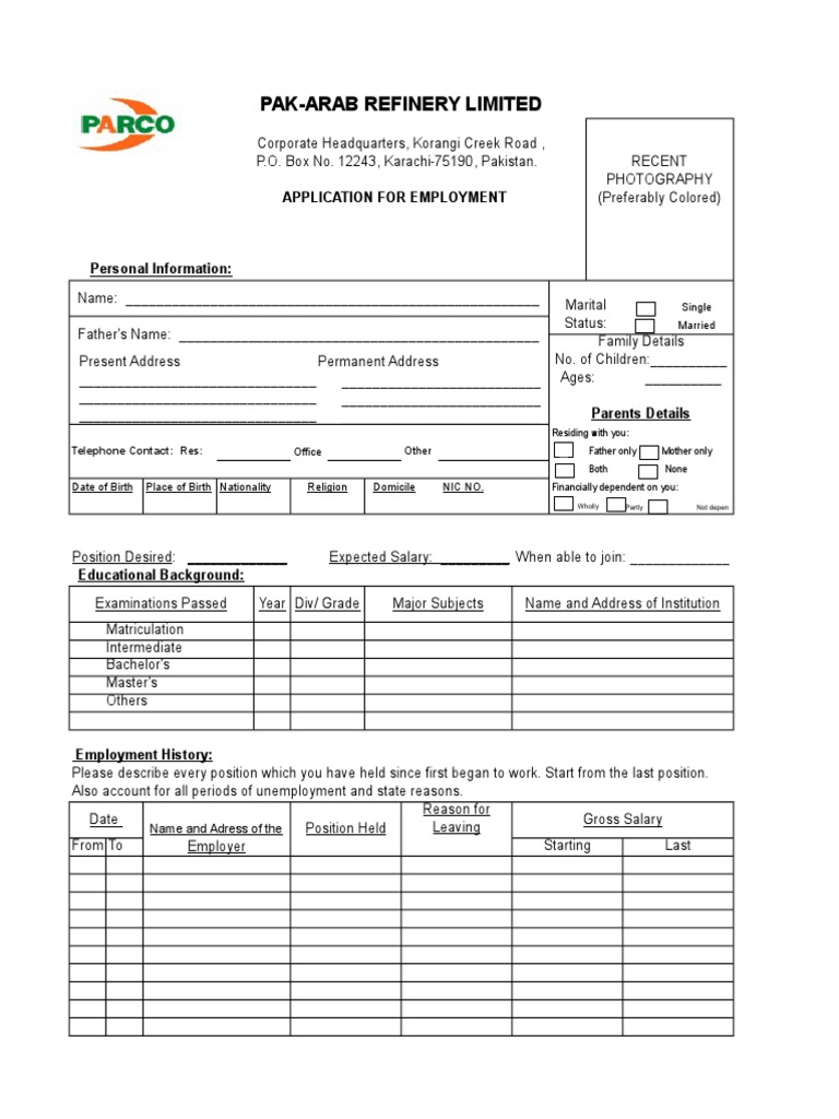 Pak-Arab Refinery Limited: Application For Employment | PDF | Social ...