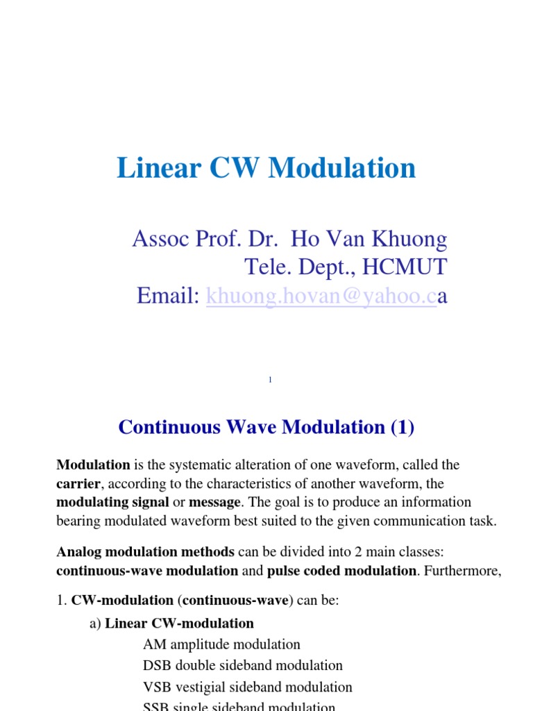 Linear CW Modulation: Assoc Prof. Dr. Ho Van Khuong Tele. Dept., HCMUT Email: A | PDF ...