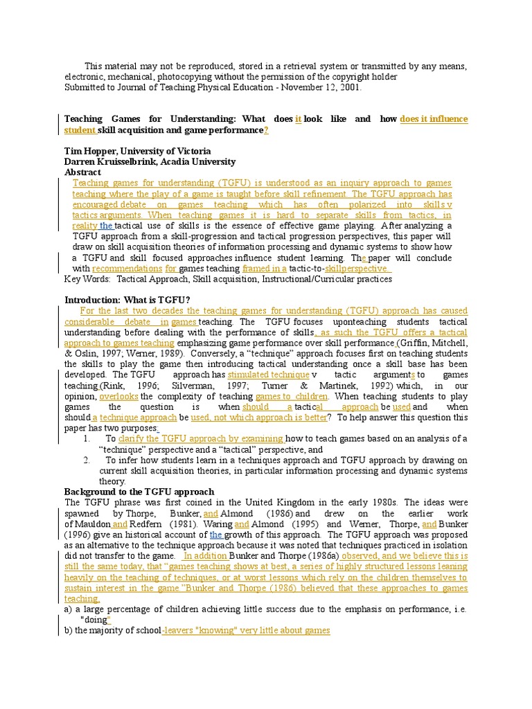 Teaching Games For Understanding | PDF | Expert | Learning