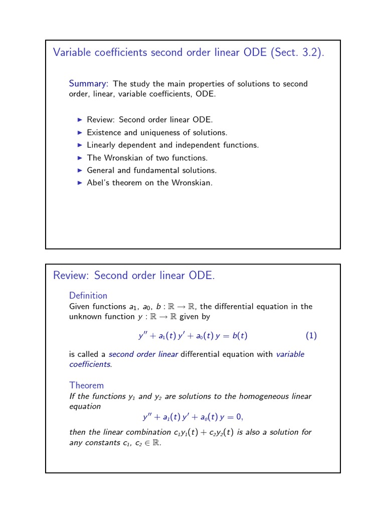 Variable Coefficients Second Order Linear ODE (Sect. 3.2) .: Summary ...
