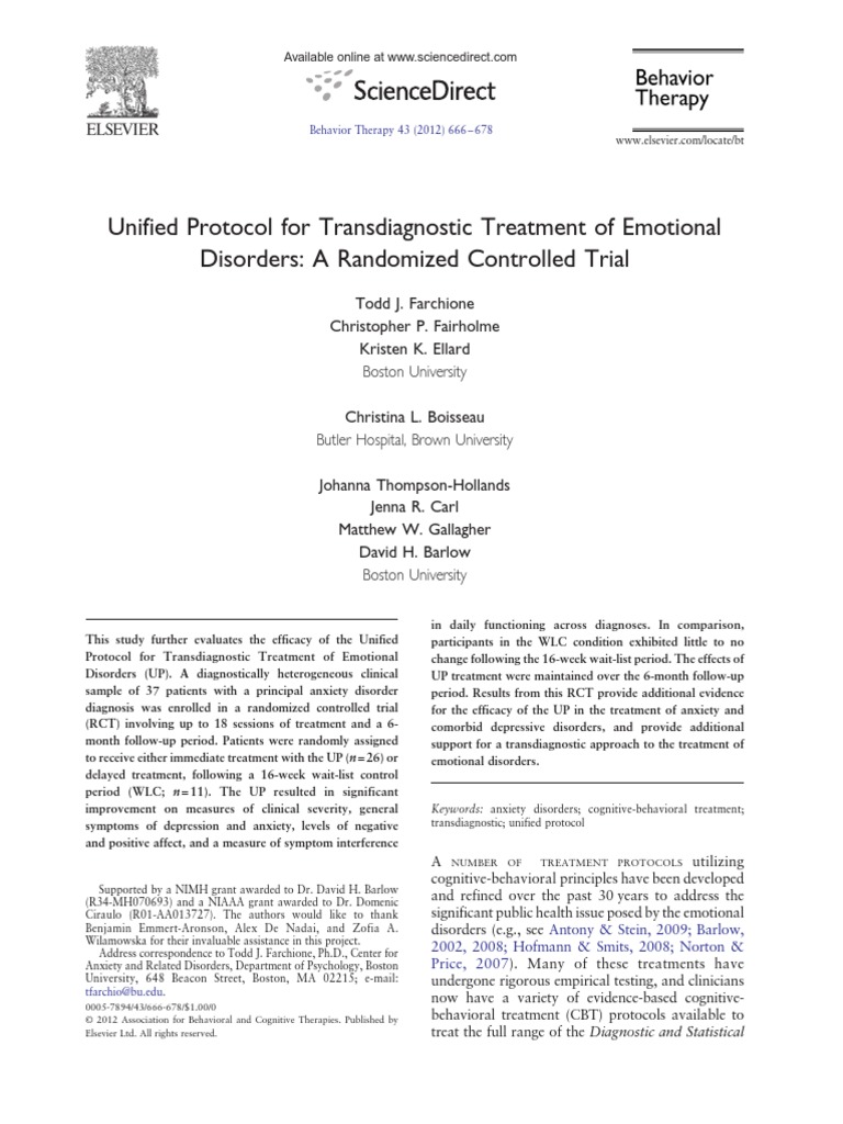 Unified Protocol For Transdiagnostic Treatment of Emotional Disorders ...