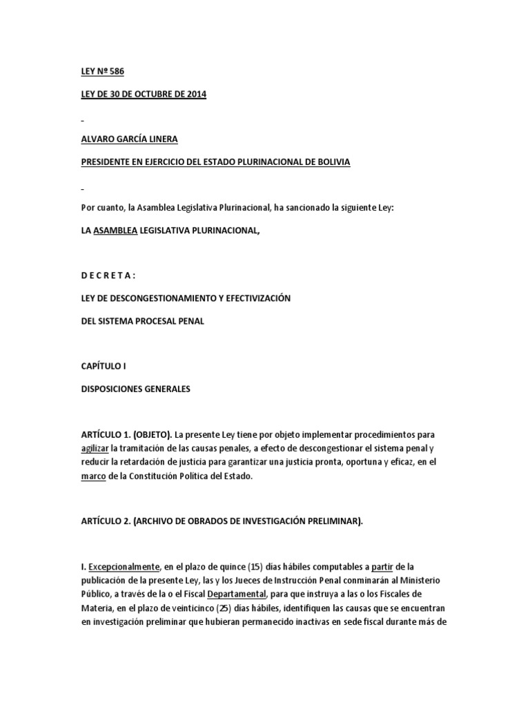 Ley 586 Descongestionamiento Penal (Bol) PDF | PDF | Evidencia (ley) | Juez