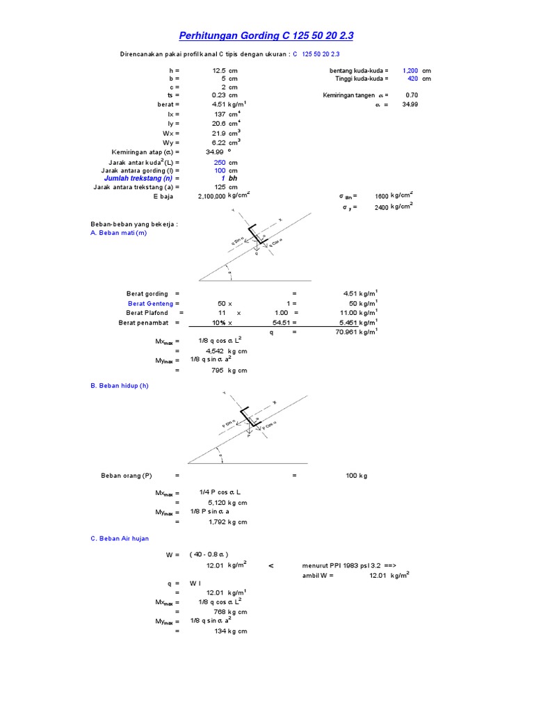 Perhitungan Gording C 125 50 20 2.3: Jumlah Trekstang (N) 1 | PDF