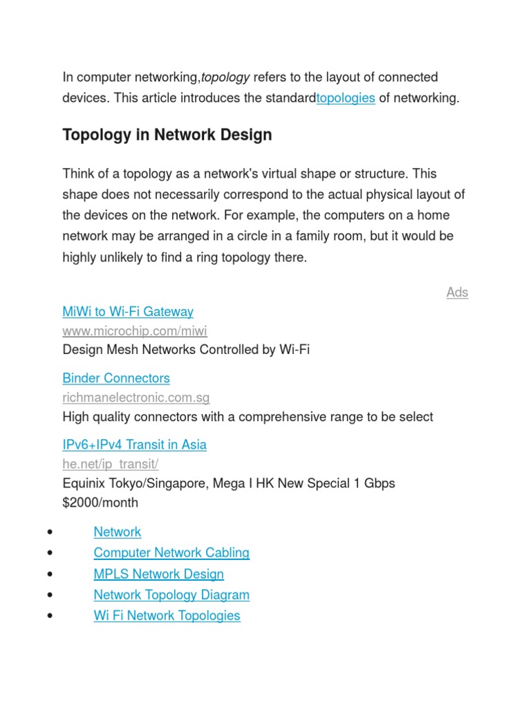 Topology in Network Design: Topologies | PDF | Network Topology | Ethernet