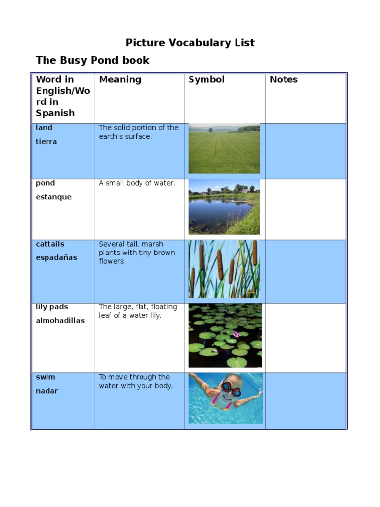 Picture Vocabulary The Busy Pond | PDF