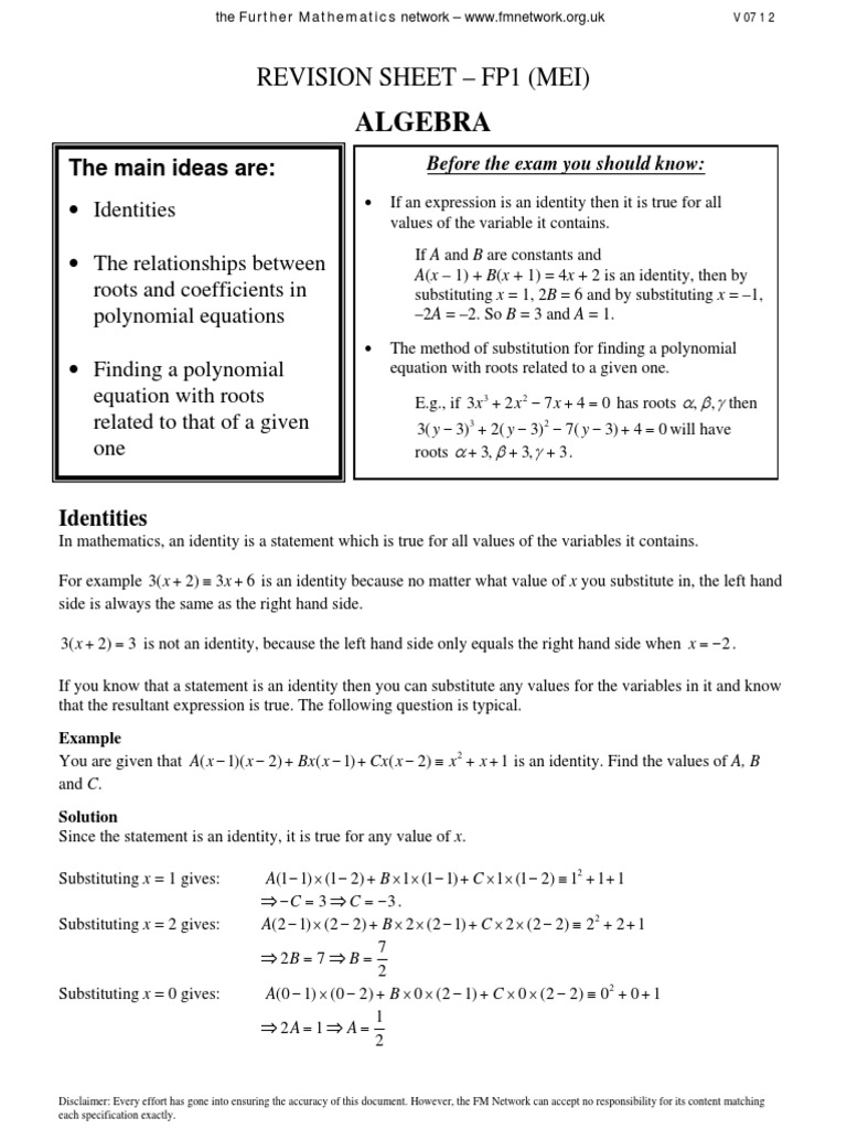 Algebra: Revision Sheet - Fp1 (Mei) | PDF | Determinant | Matrix (Mathematics)