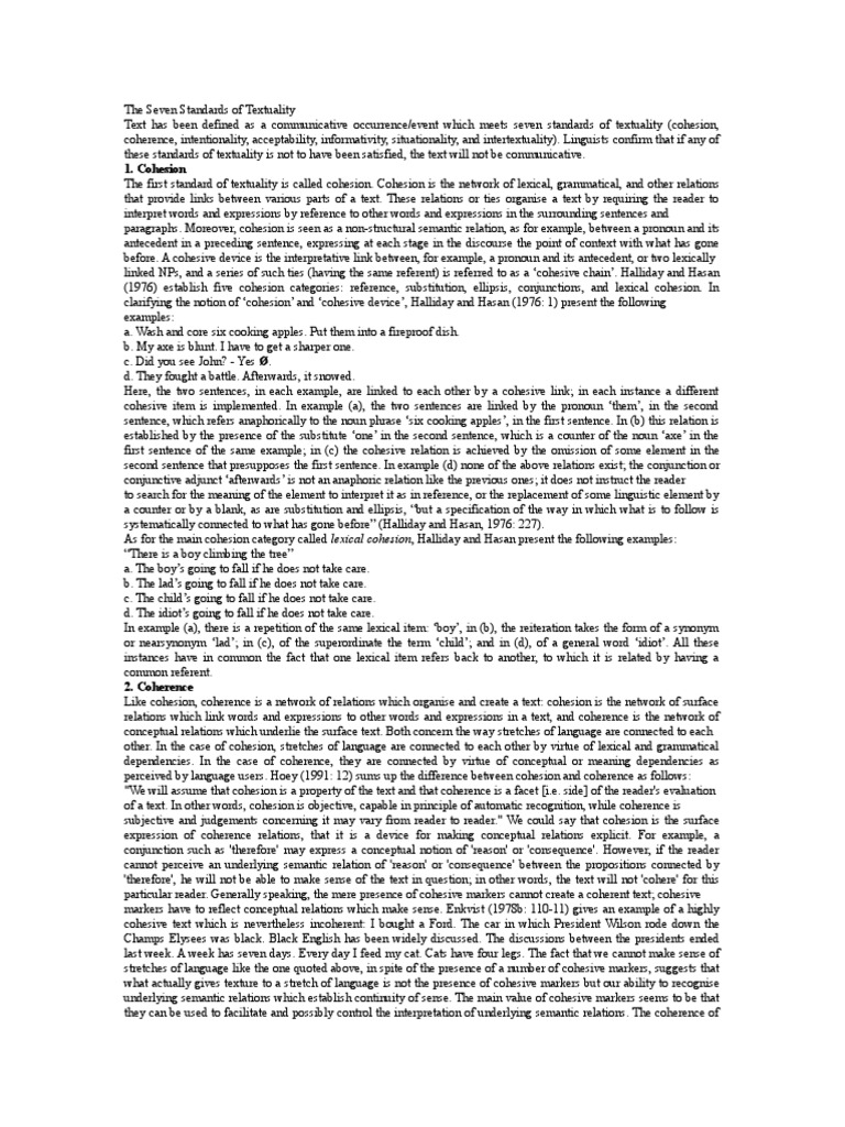 Topic 14 The Seven Standards of Textuality | PDF | Linguistics | Cognitive Science
