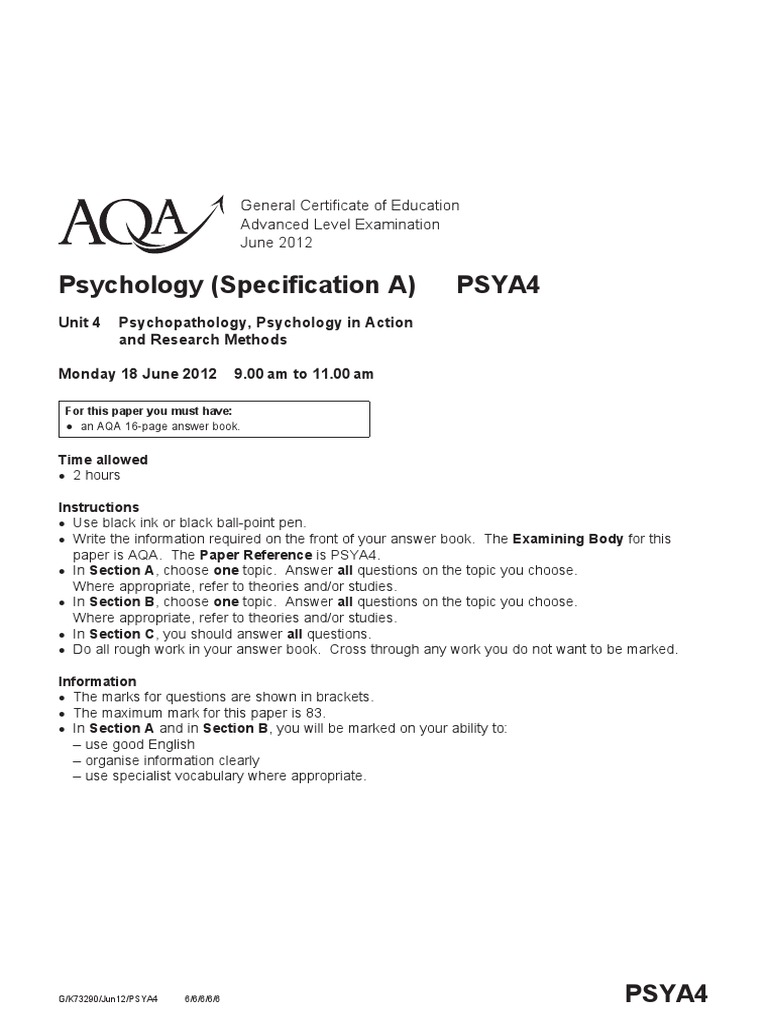 Aqa Psya4 Qp Jun12 | Statistical Hypothesis Testing | Test (Assessment)