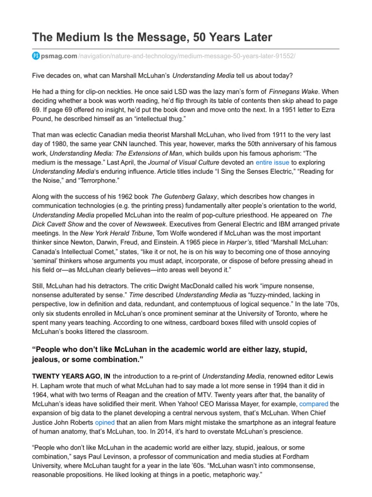 McLuhan's Media Theory: 50 Years On | PDF