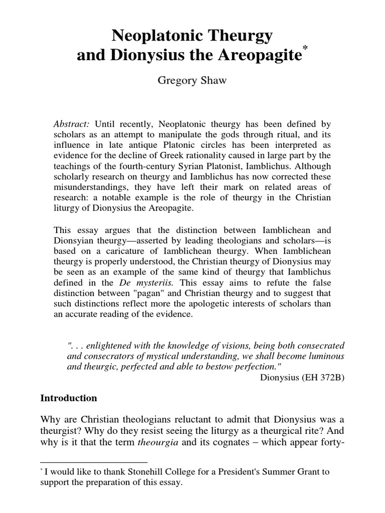 Neoplatonic Theurgy and Dionysius The Areopagite: Gregory Shaw | PDF ...