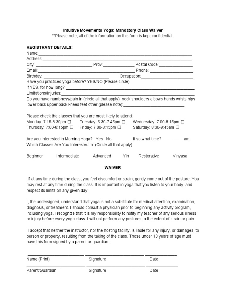 Yoga Class Waiver Form | PDF