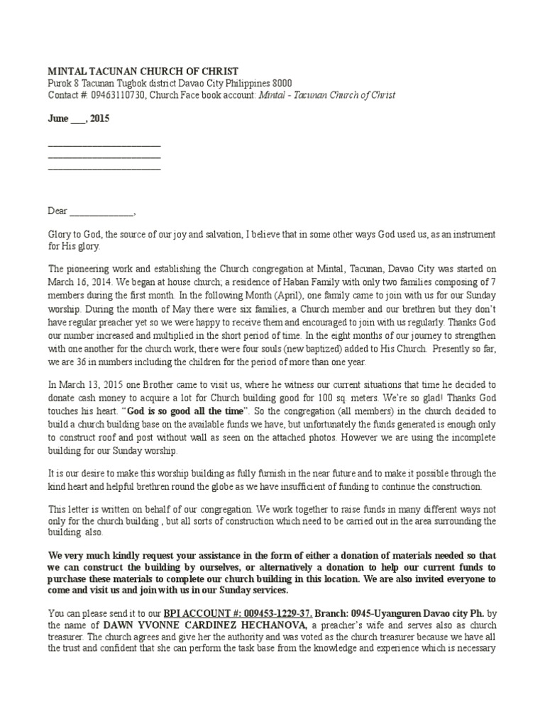 Solicitation Letter | PDF | Churches Of Christ | Protestant ...