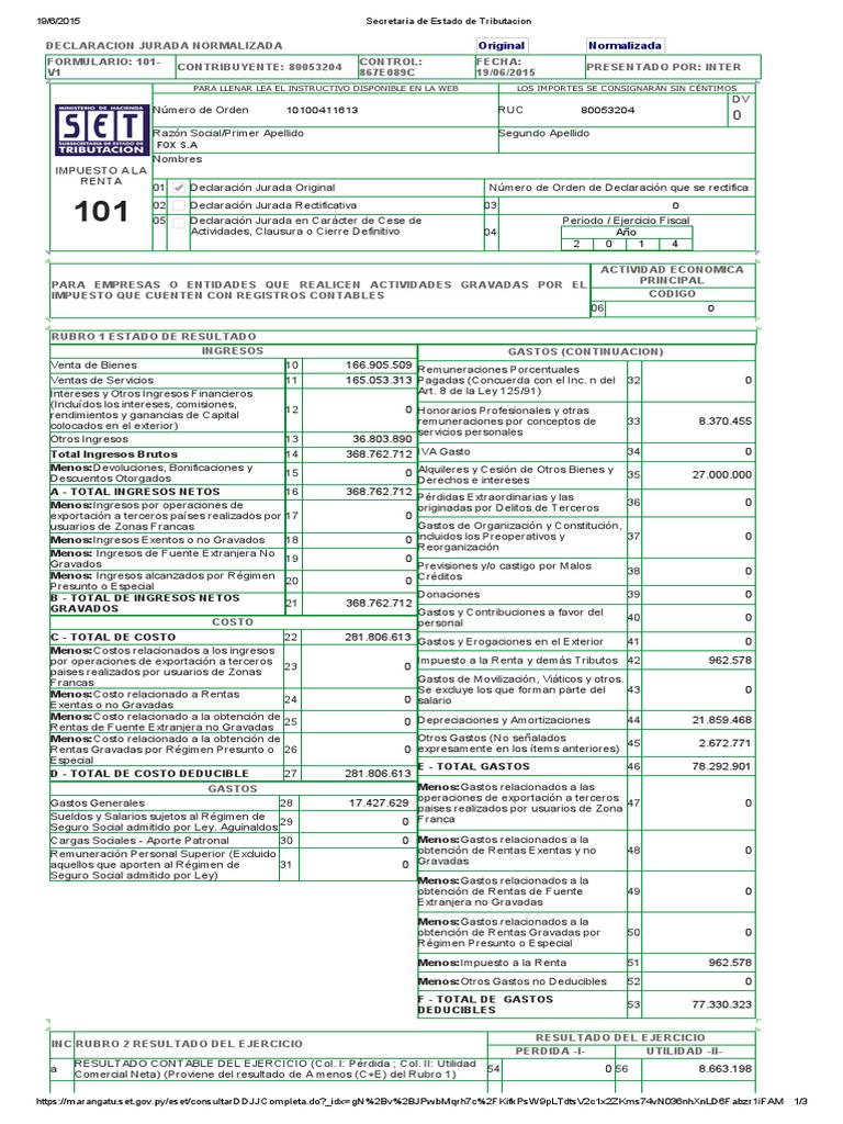 Form 101 2014 | PDF | Valor neto | Impuestos