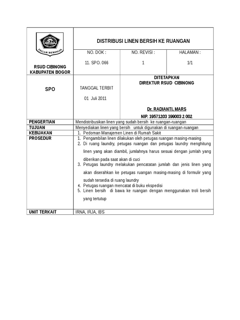 Spo Distribusi Linen Bersih Ke Ruangan | PDF