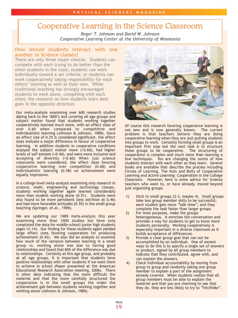 Johnson, R. T., & Johnson, D. W. (1986) - Cooperative Learning in The ...