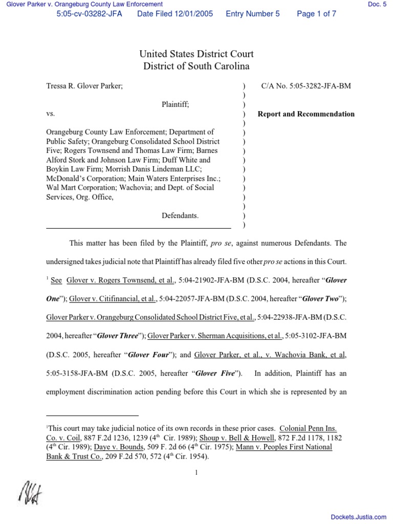 Glover Parker v. Orangeburg County Law Enforcement - Document No. 5 ...
