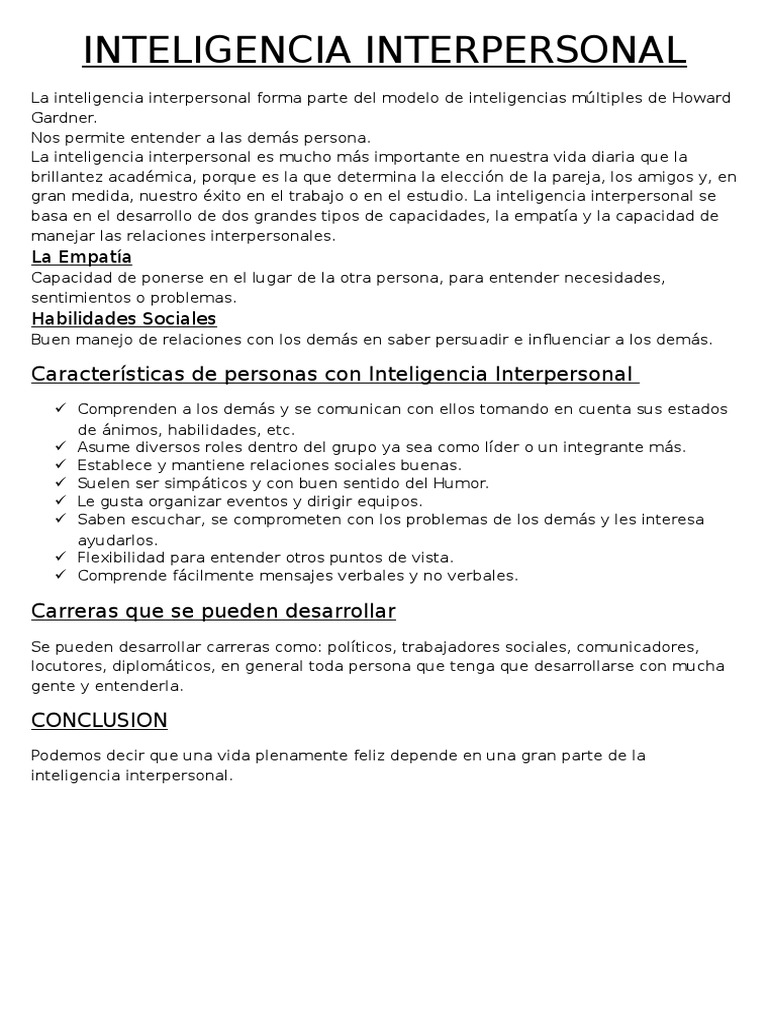 Inteligencia Interpersonal | PDF | Relaciones personales, crianza y ...