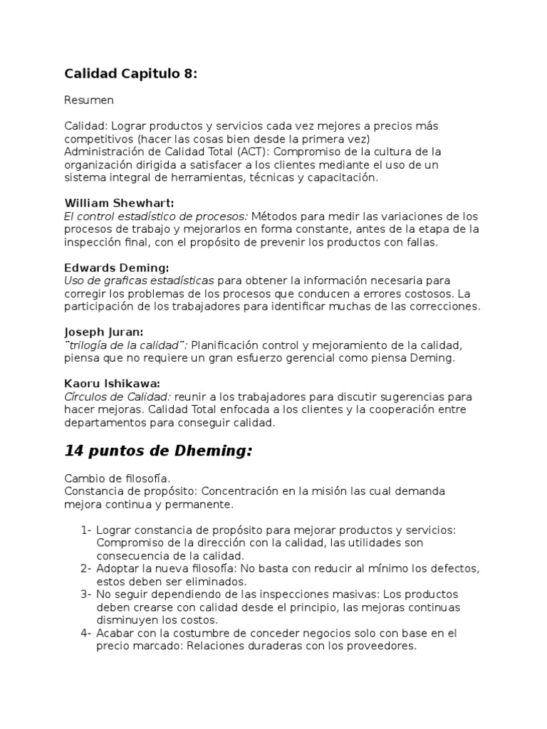 Resumen Capitulo 8 de Libro de Stoner y Freeman Administracion de La Calidad | PDF | Calidad ...