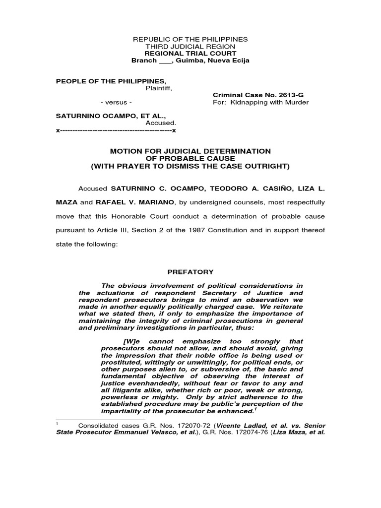 Motion For Judicial Determination of Probable Cause RE Guimba Case PDF ...